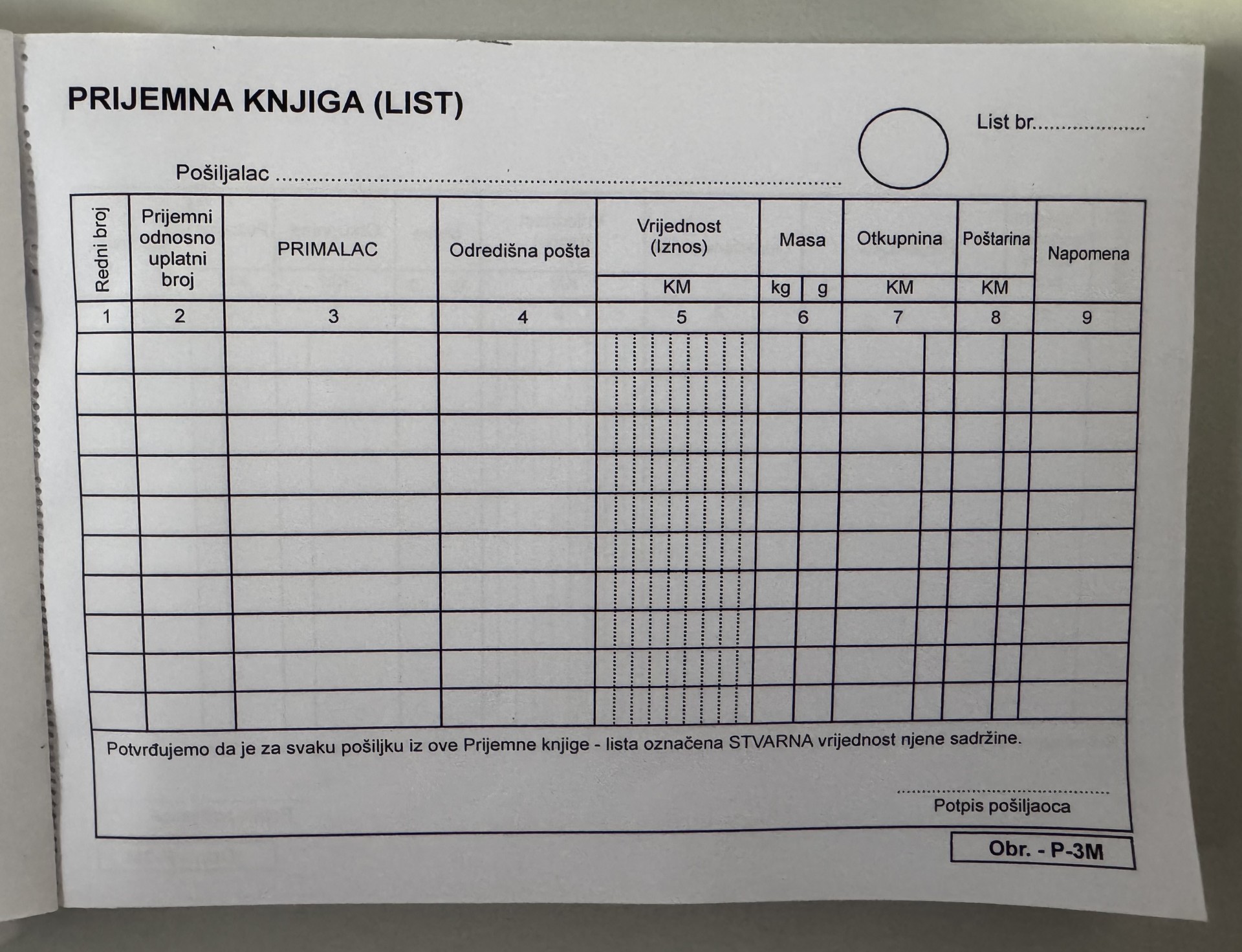 PRIJEMNA KNJIGA-LIST - flesh.ba - Flesh Inžinjering doo Živinice